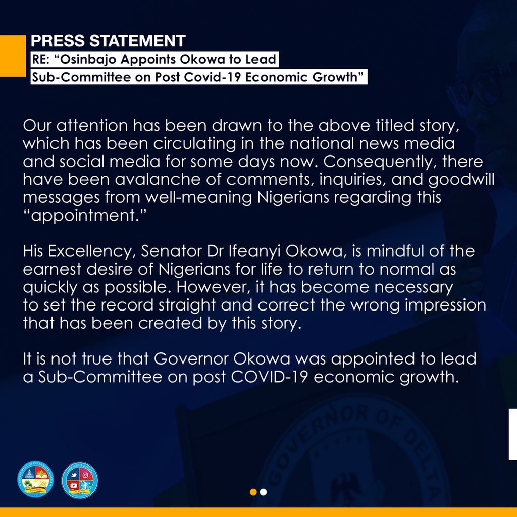 Governor Okowa Denies Getting New Appointment From Osinbajo